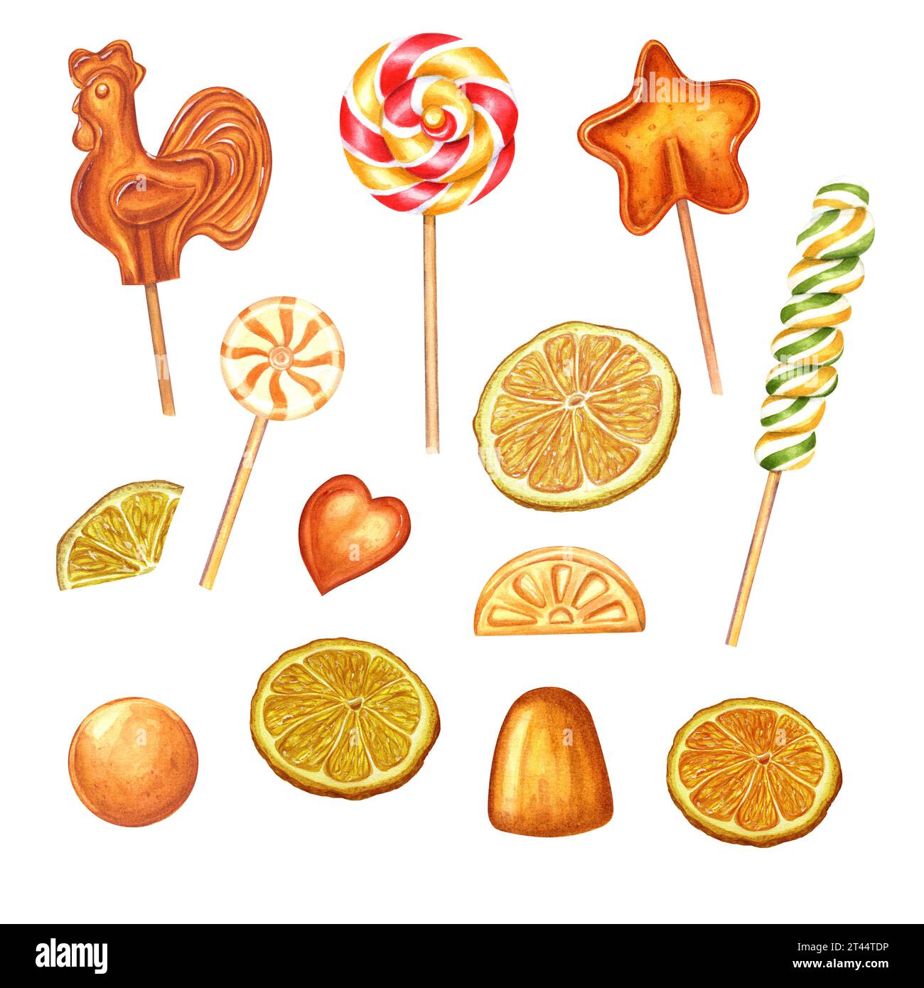 Set of orange caramels, citrus slices. Lollipops of different shapes ...