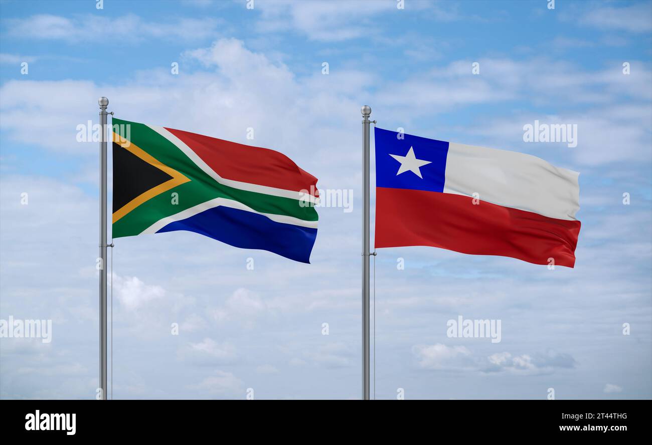 Chile and South Africa flags waving together on blue cloudy sky, two ...