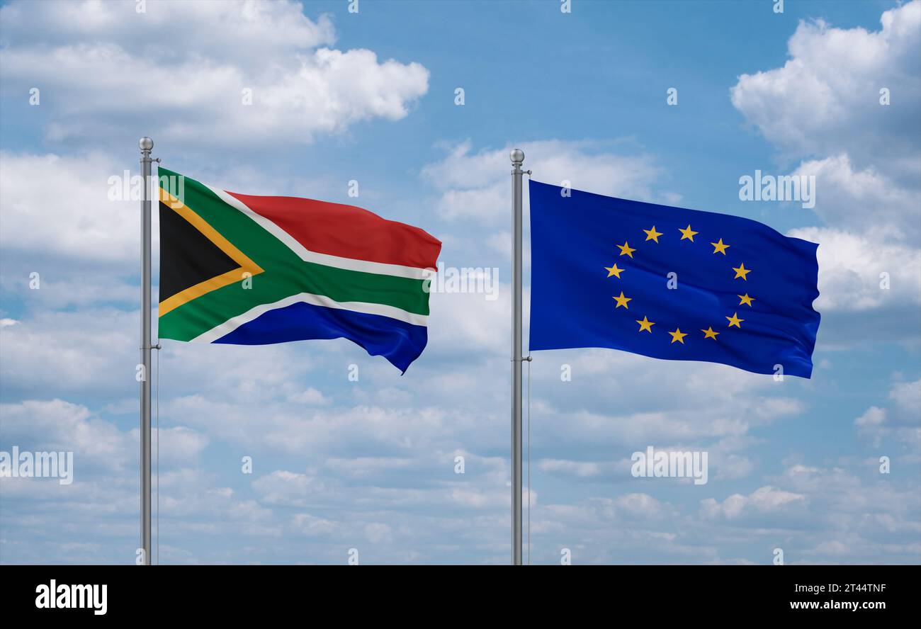 European Union and South Africa flags waving together in the wind on ...