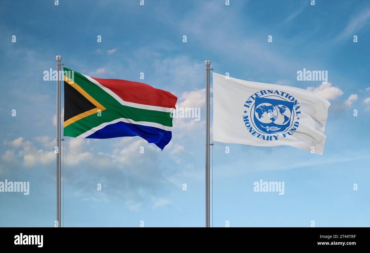 IMF International Monetary Fund and South Africa flags waving together ...