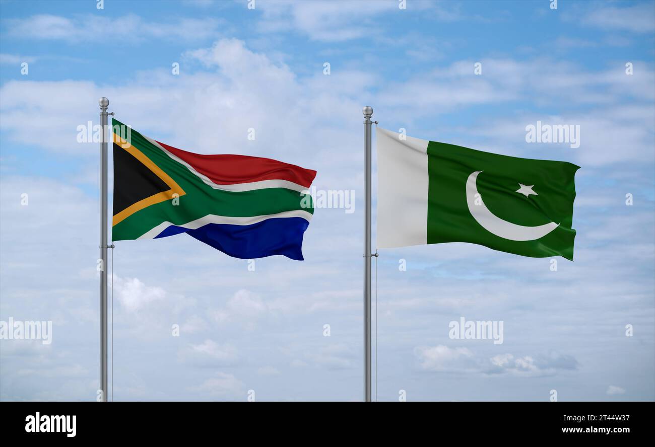 Pakistan and South Africa flags waving together on blue cloudy sky, two ...