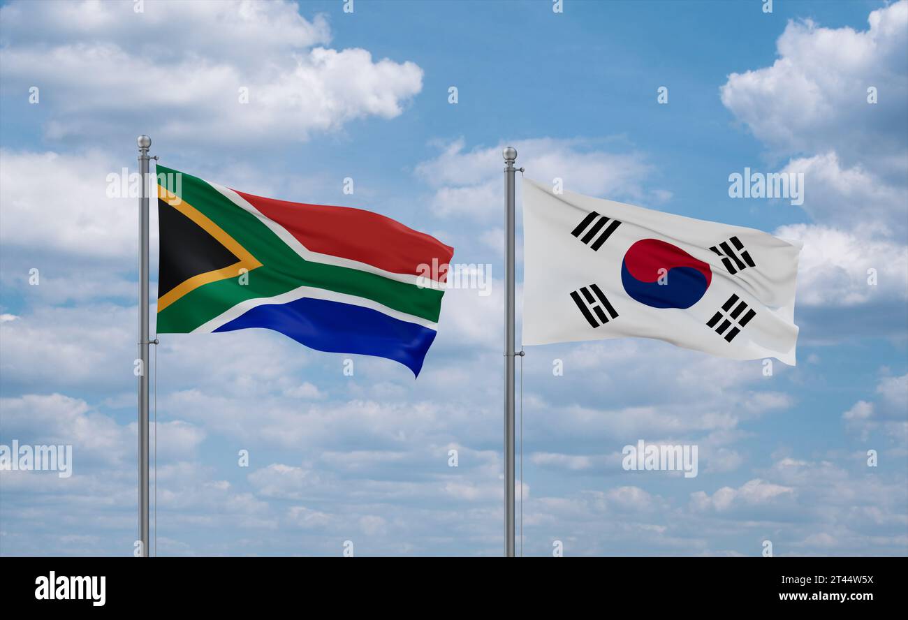 South Korea or Republic of Korea or ROK and South Africa flags waving ...