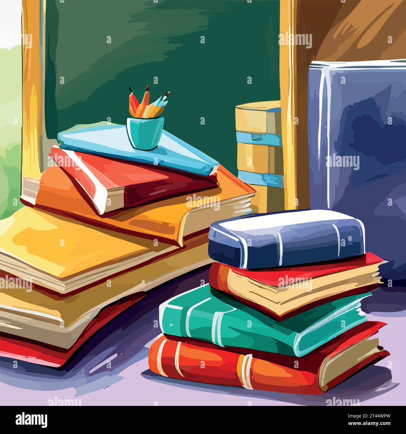 school colorful book watercolor set isolated on white background ...