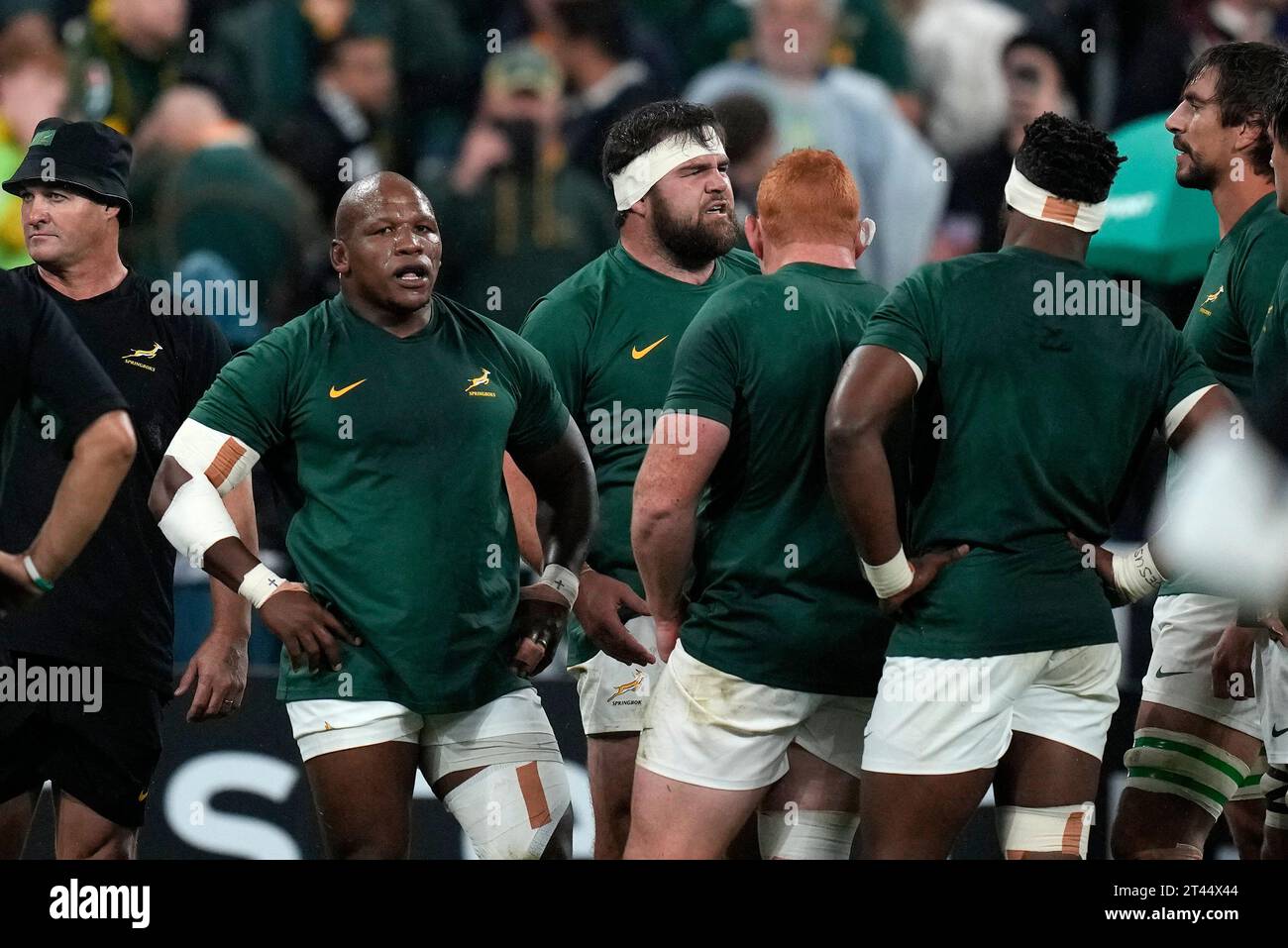 South Africa's Mbongeni Mbonambi, left, stands on the pitch during the ...