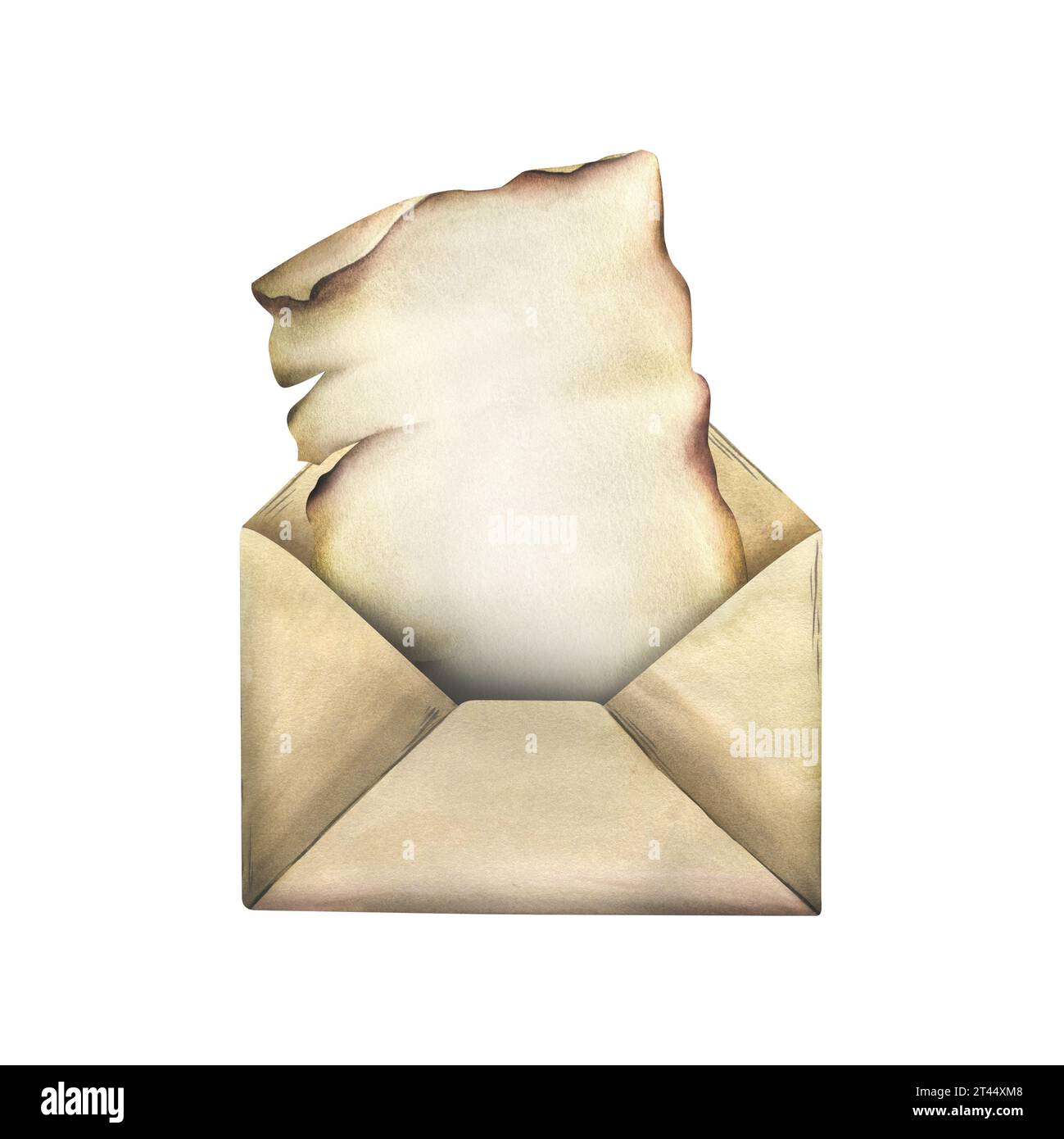 Craft paper envelope with antique sheet of paper. Hand drawn watercolor ...