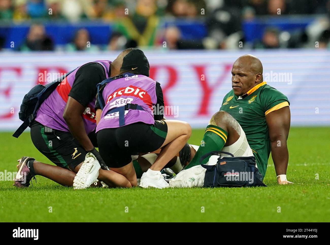 South Africa's Bongi Mbonambi receives treatment for an injury during ...