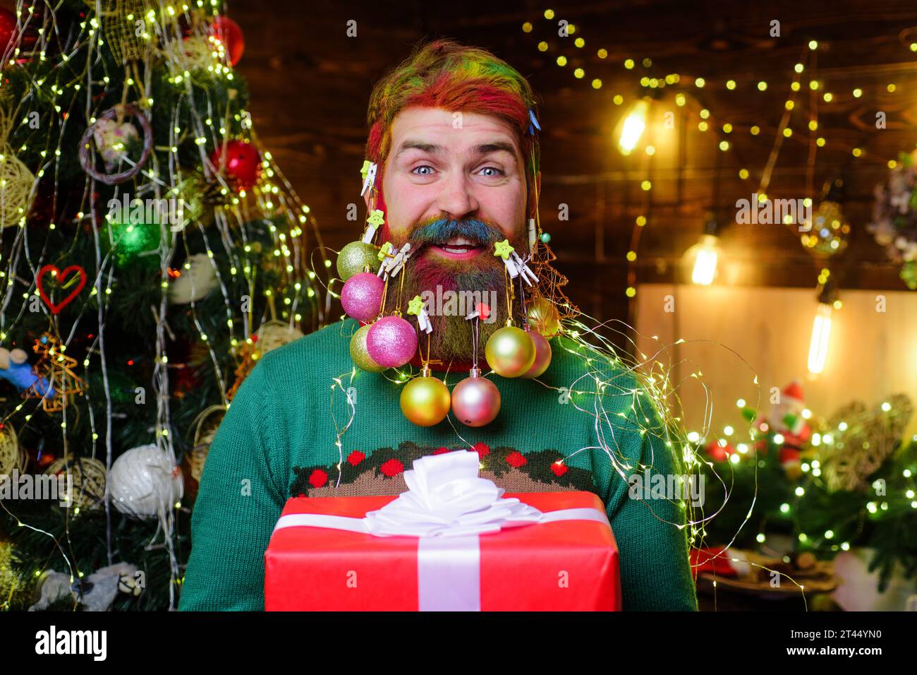 Merry Christmas. Happy New year. Christmas beard style. Smiling bearded ...