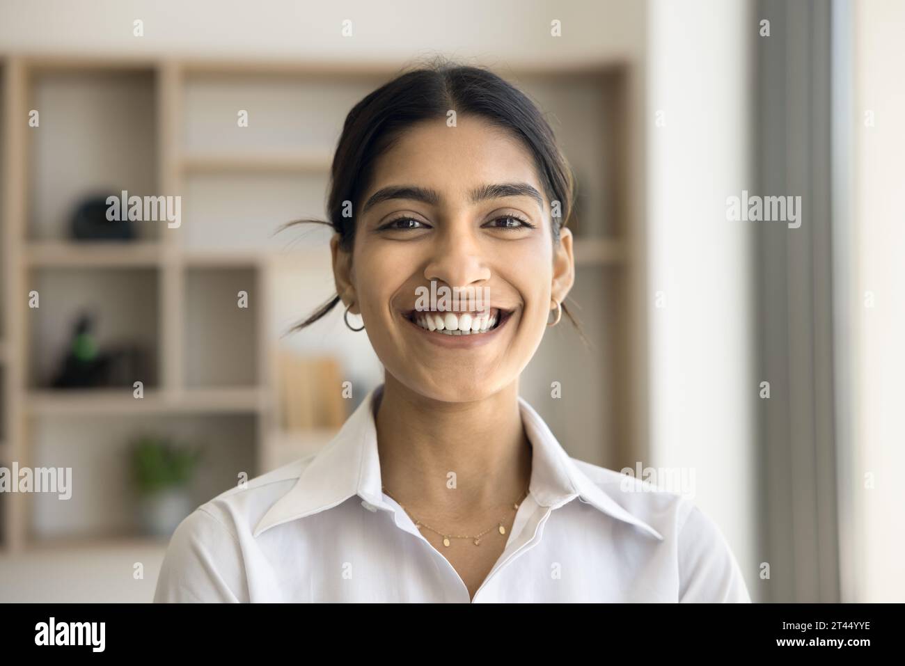 Cheerful petty Indian professional girl head shot video call portrait ...