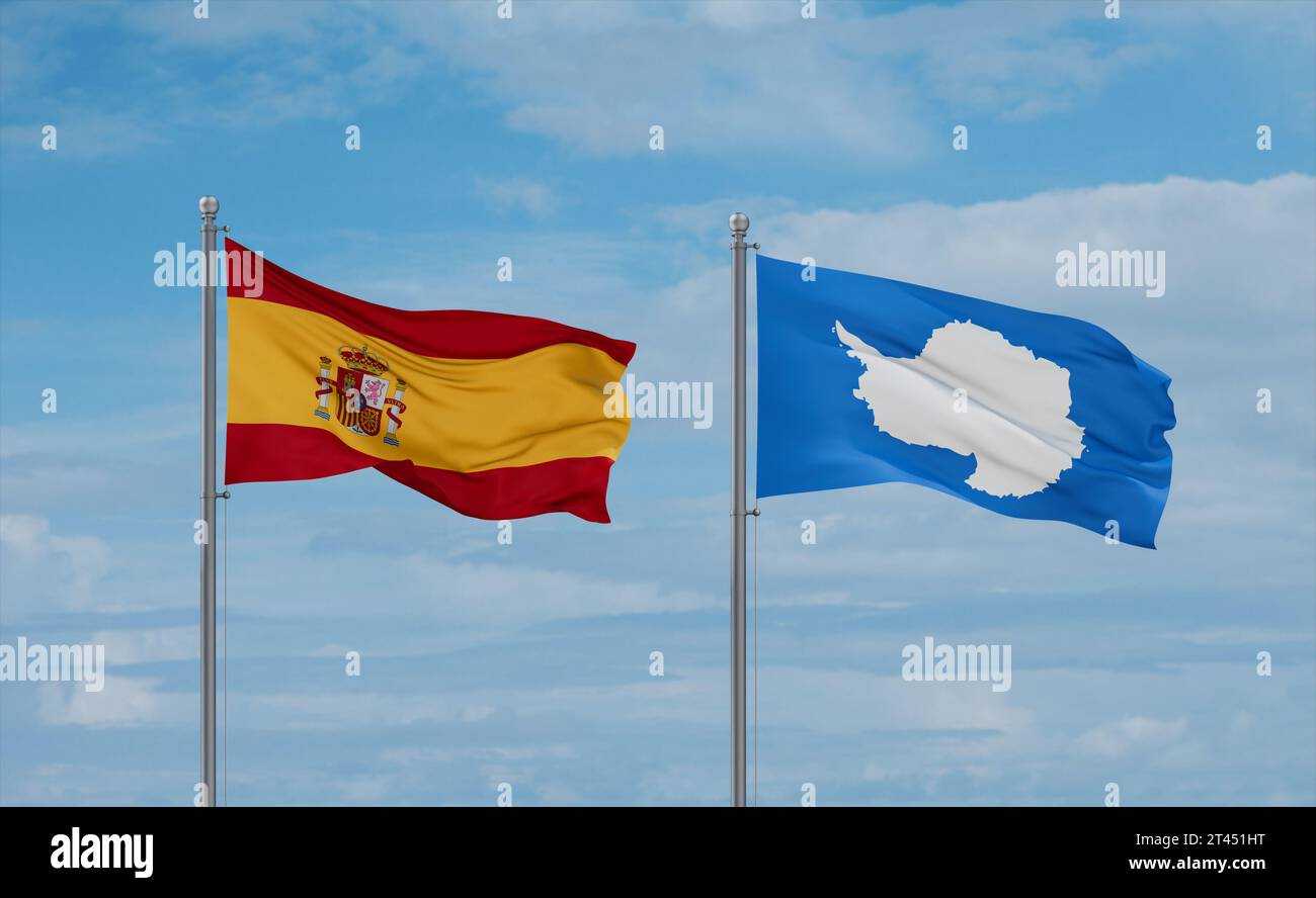 Spain and Antarctica flags waving together in the wind on blue cloudy ...