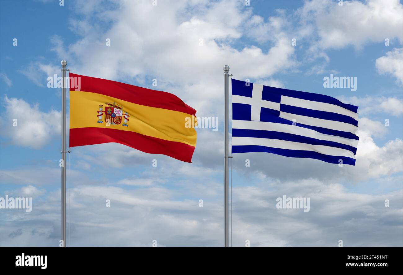 Greece and Spain flags waving together on blue cloudy sky, two country ...