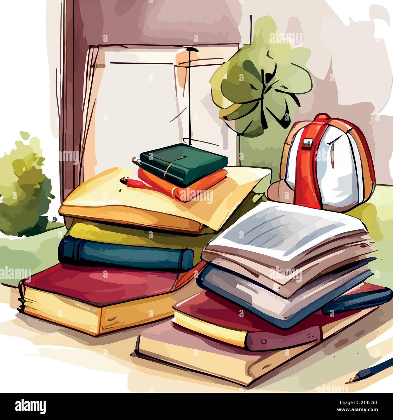 Back to school, High books stack on white background closeup. Sketch ...