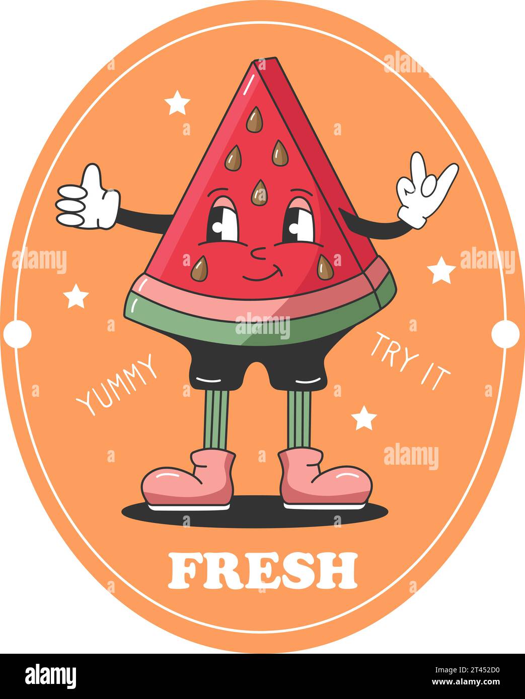 90s Fruits Funny Retro Hippie Groovy Cartoon Watermelon. Label with ...