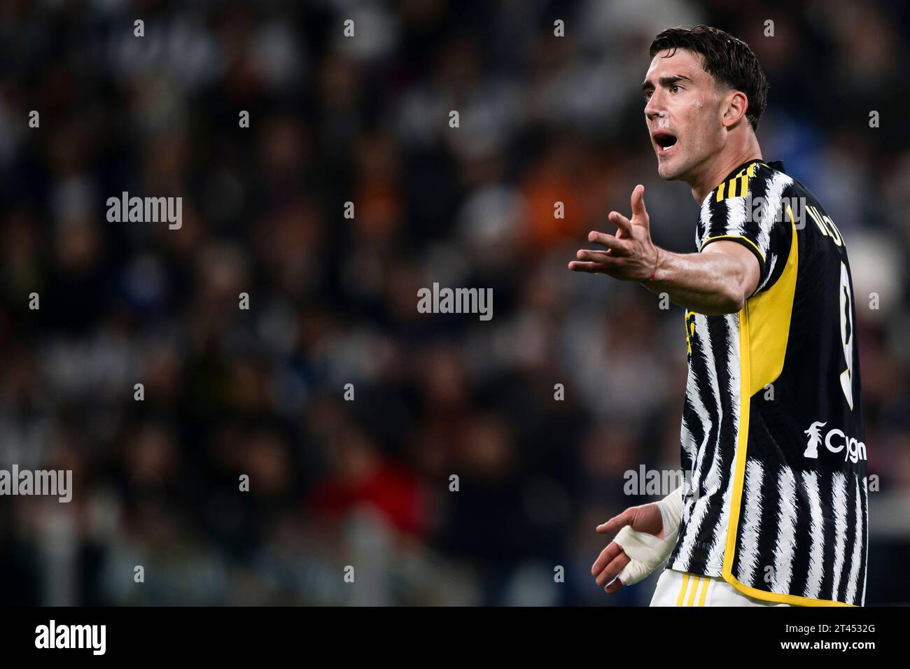 Turin, Italy. 28 October 2023. Dusan Vlahovic of Juventus FC reacts ...