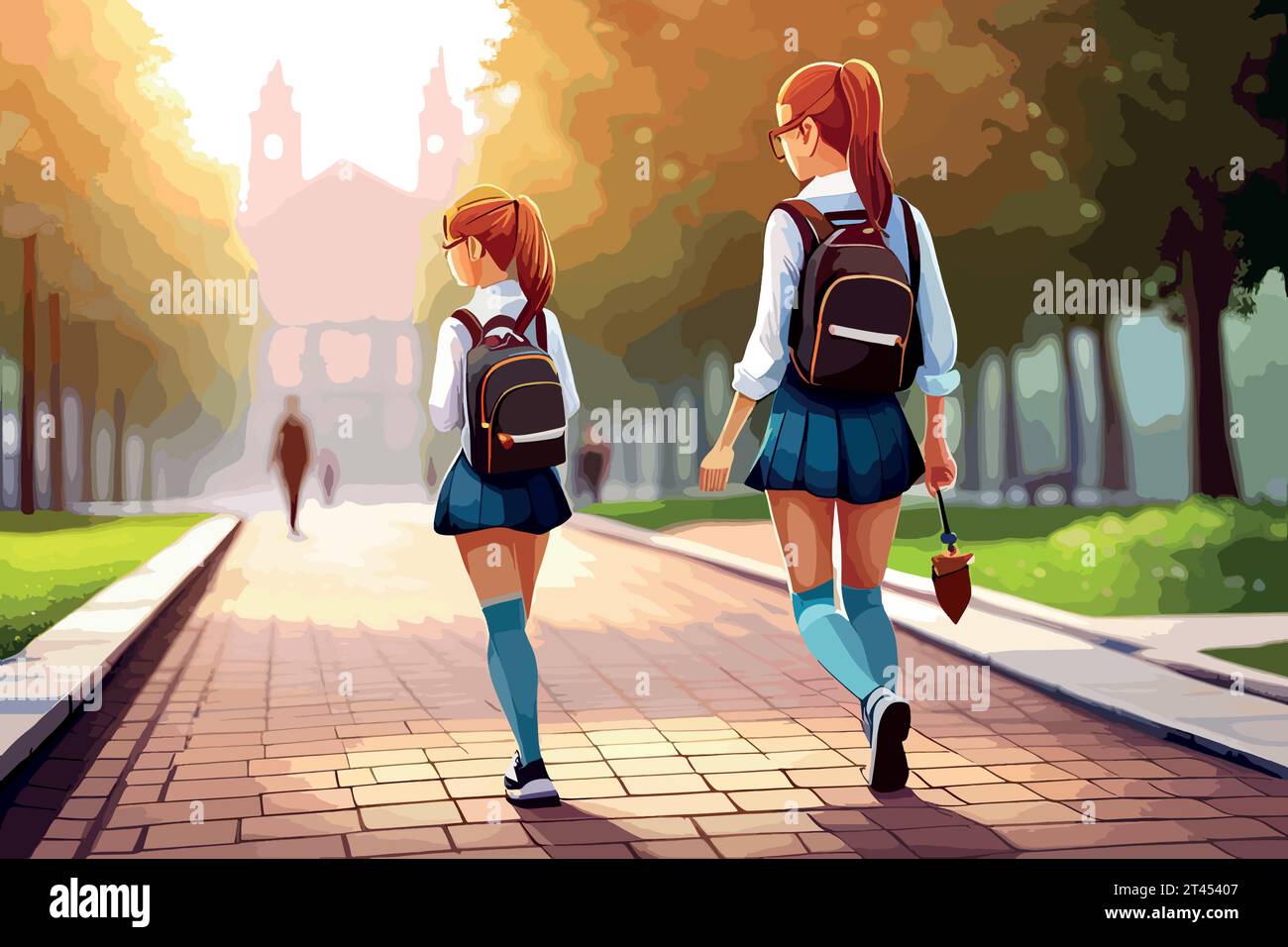 Happy children schoolchildren with backpacks go back to school. Vector ...