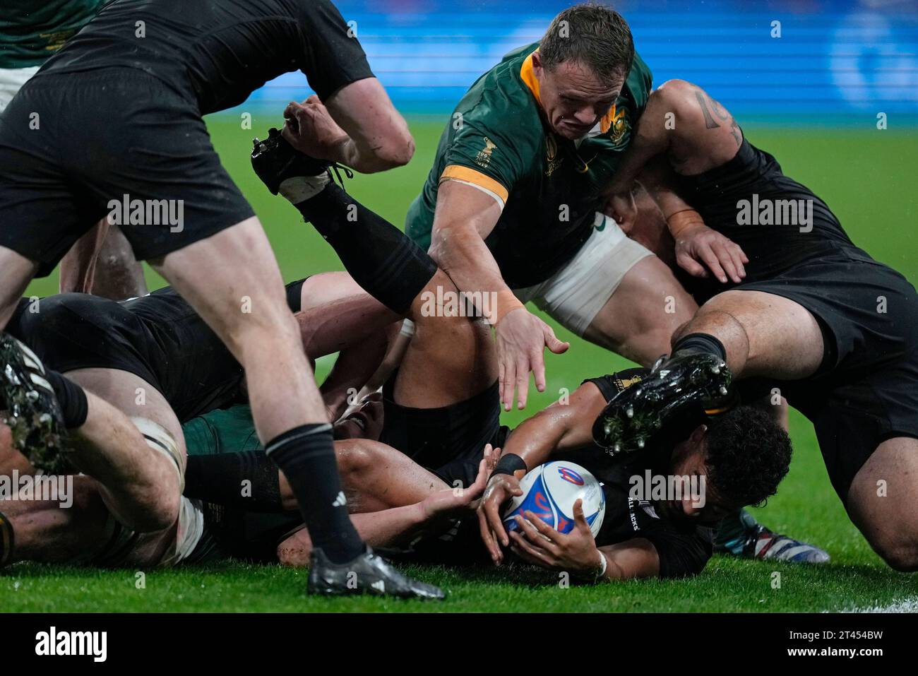 New Zealand's Richie Mo'unga tries to lay the ball back during the ...