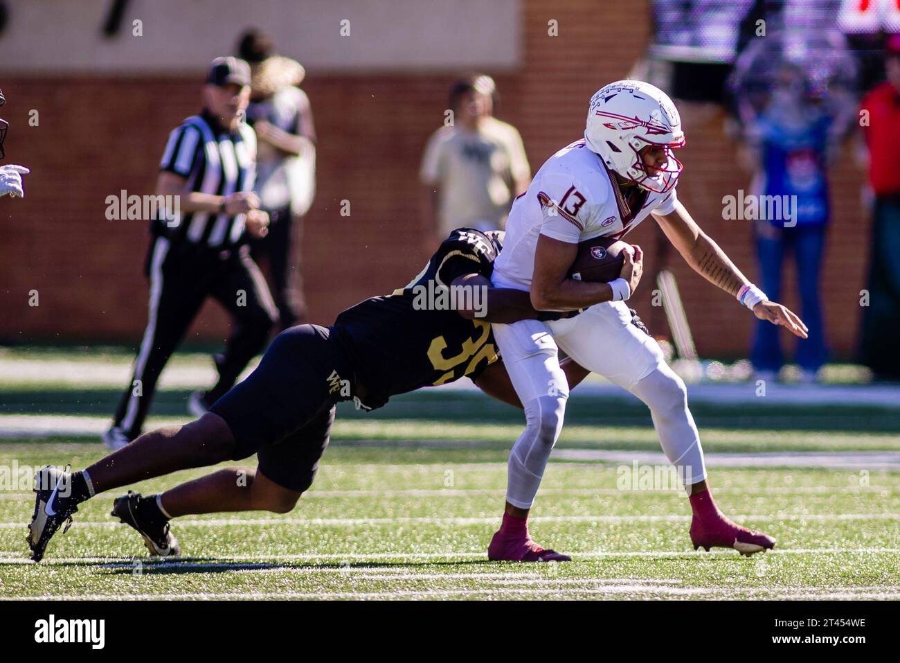 October 28, 2023: Wake Forest Demon Deacons defensive back Rushuan Tongue (35) tackles Florida ...
