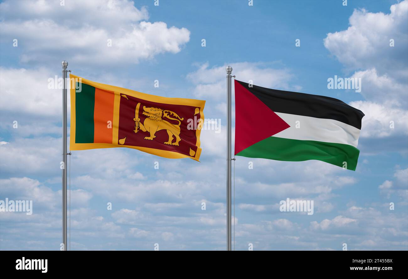 Palestine and Gaza Strip and Sri Lanka flags waving together on blue ...
