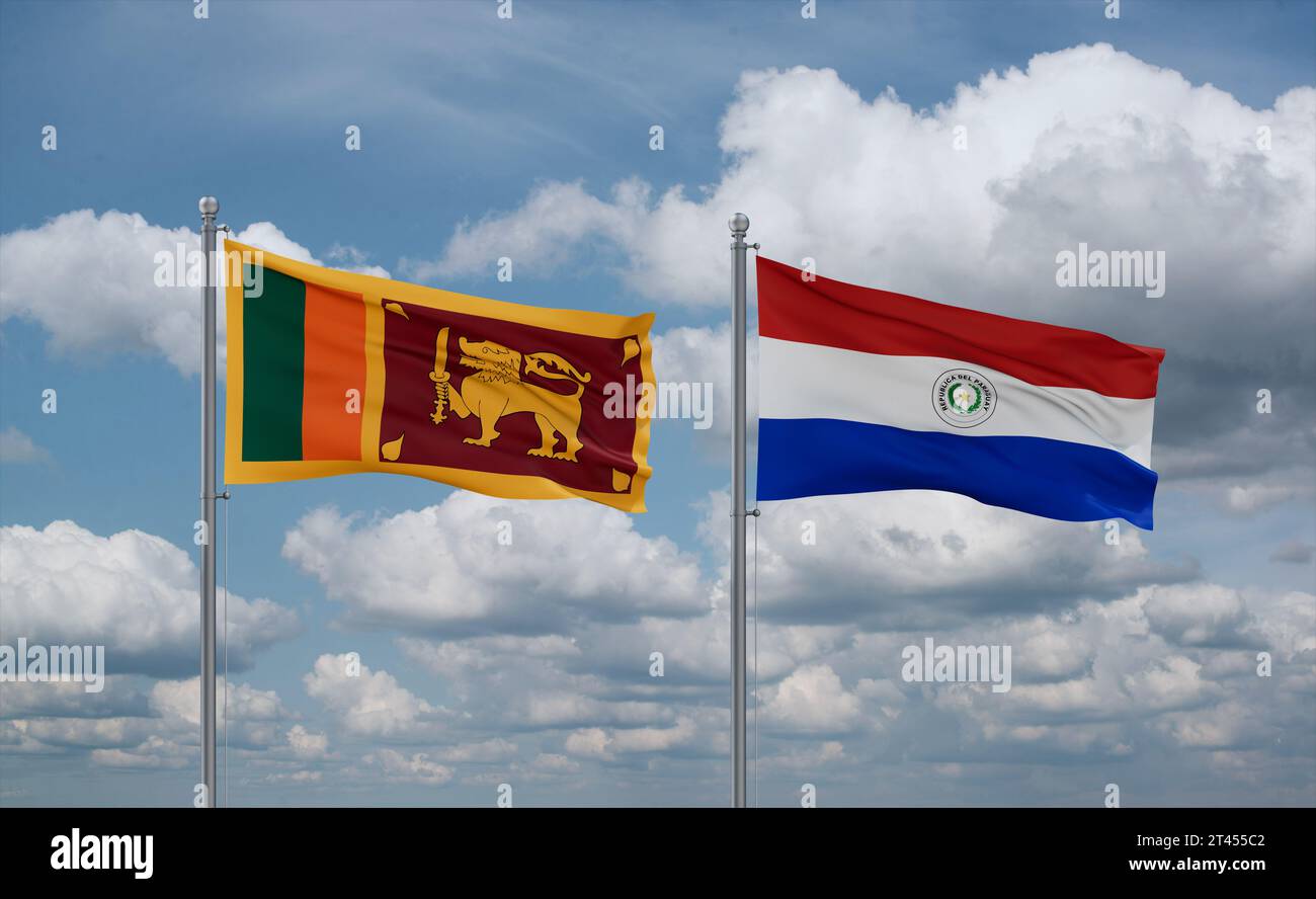 Paraguay and Sri Lanka flags waving together on blue cloudy sky, two ...