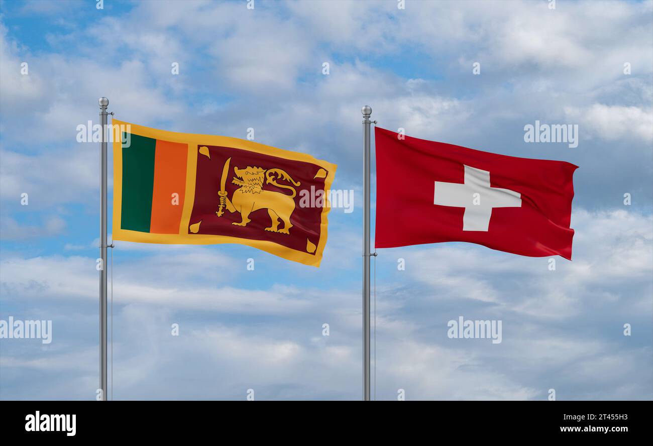 Switzerland and Sri Lanka flags waving together in the wind on blue ...