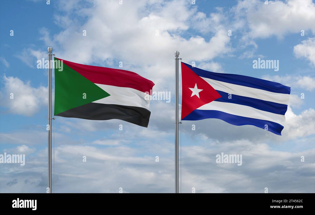 Cuba and Sudan flags waving together in the wind on blue cloudy sky ...
