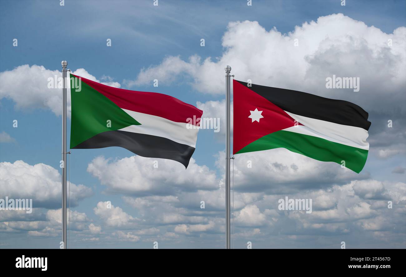 Jordan and Sudan flags waving together in the wind on blue cloudy sky ...