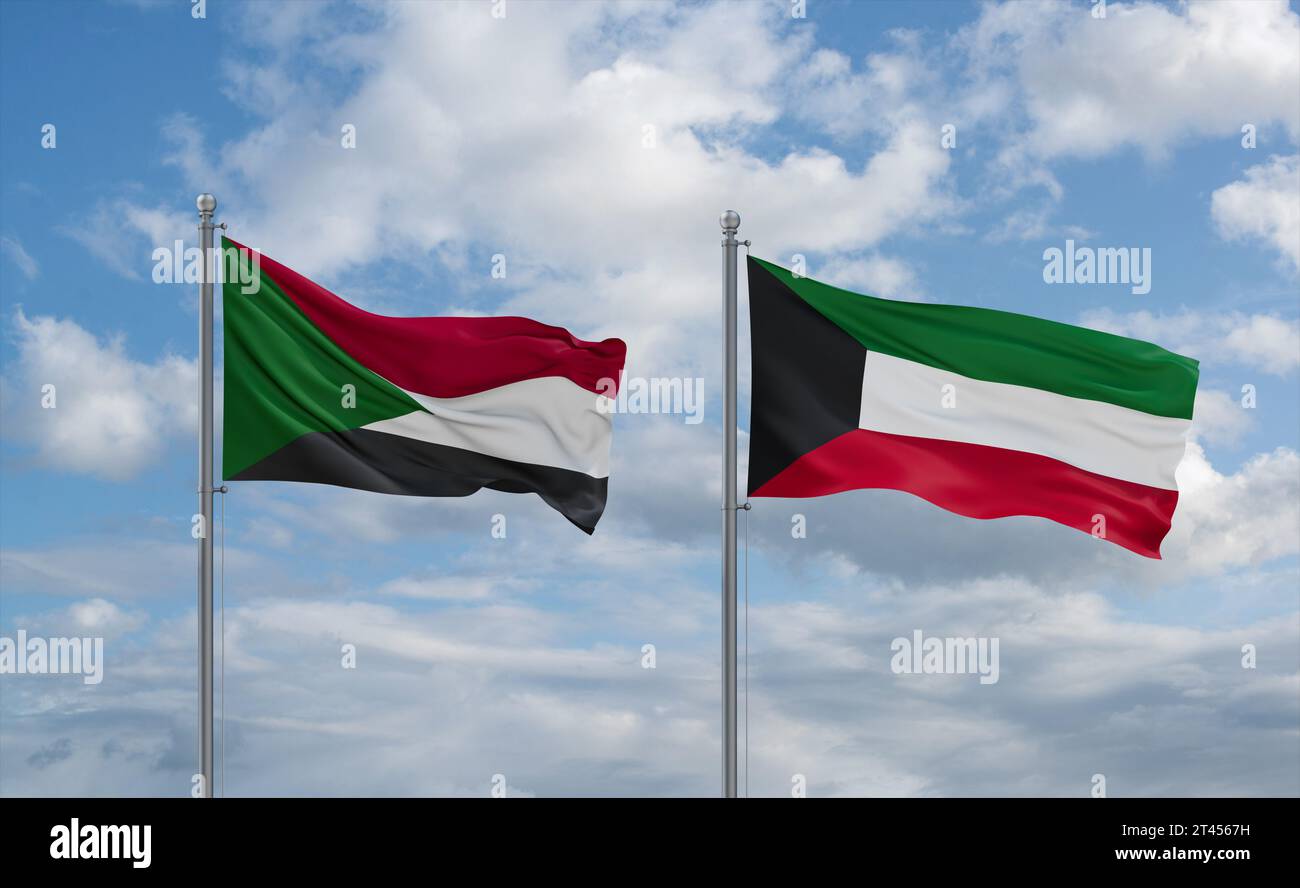 Kuwait and Sudan flags waving together in the wind on blue cloudy sky ...