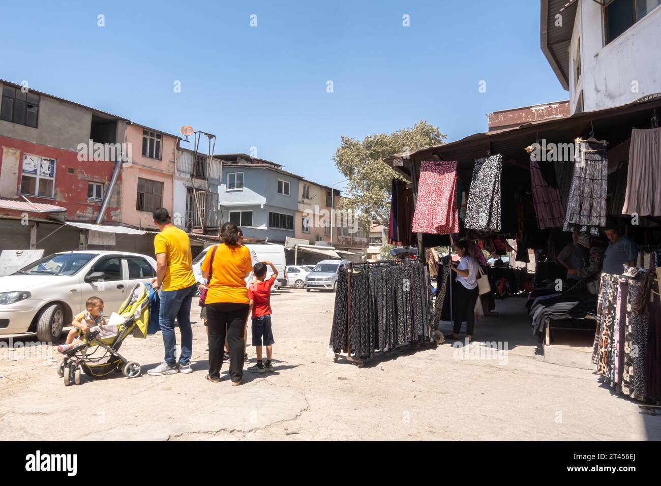 Turkish family with a baby at the clothing market Antakya Hatay Turkey ...