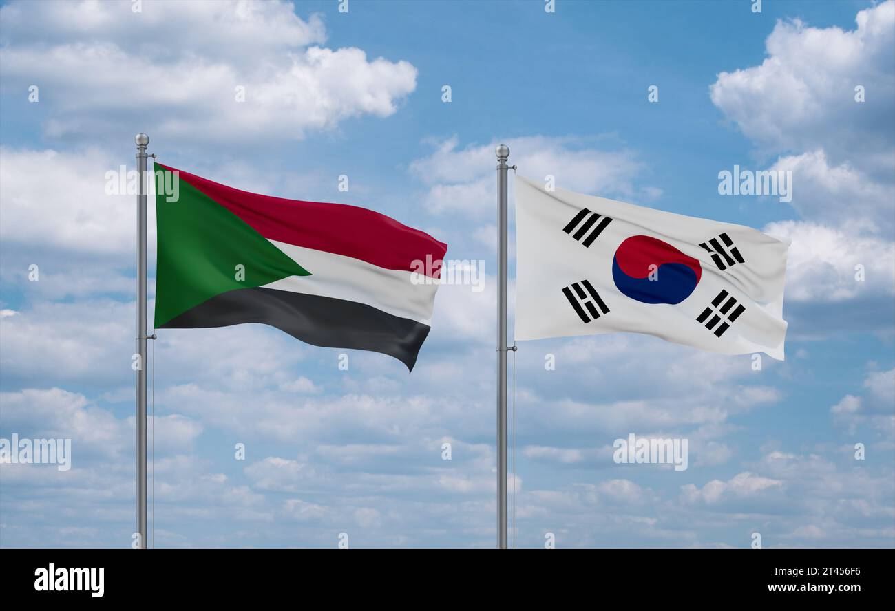 South Korea or Republic of Korea or ROK and Sudan flags waving together ...