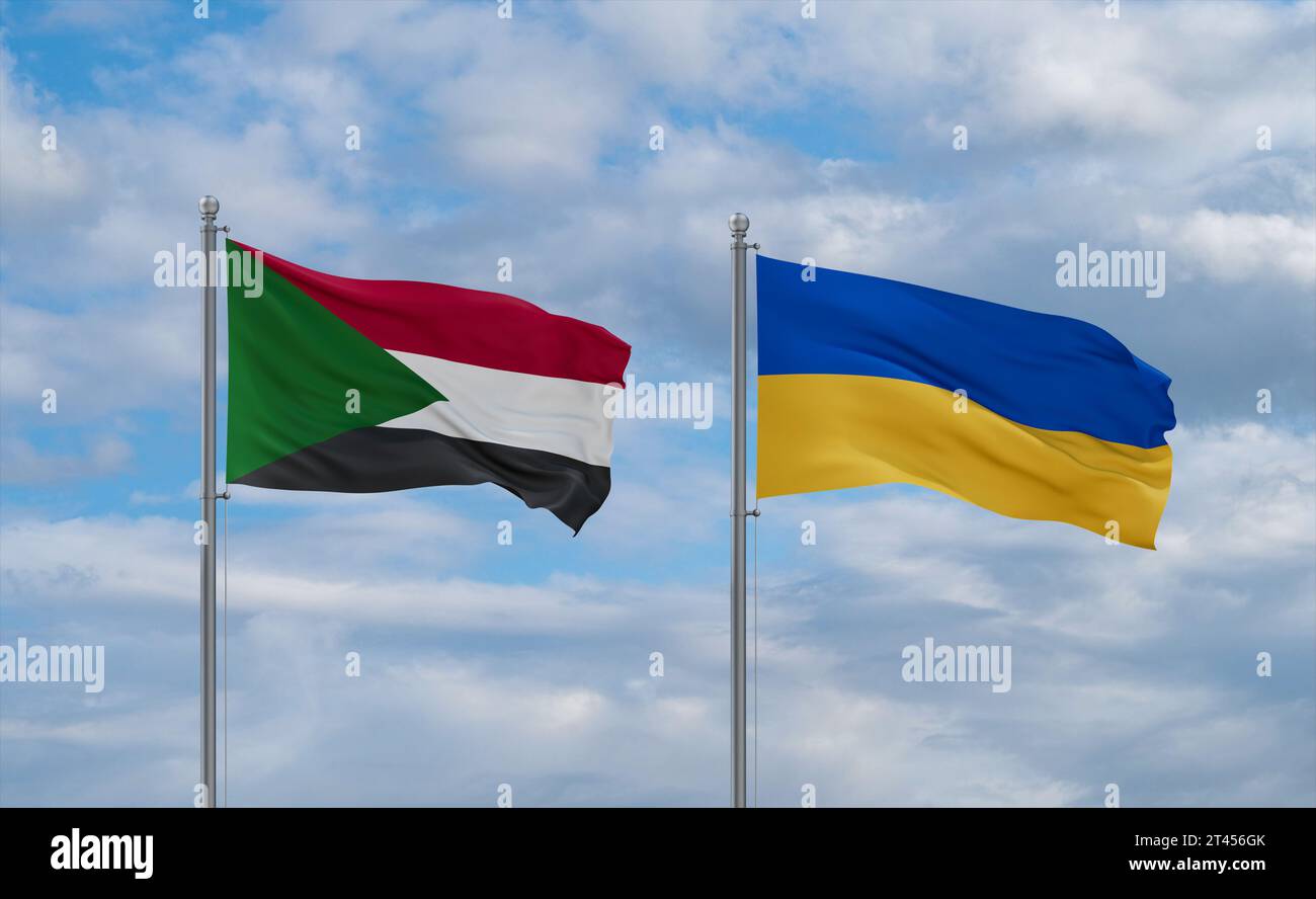 Ukraine and Sudan flags waving together in the wind on blue cloudy sky, two country relationship ...