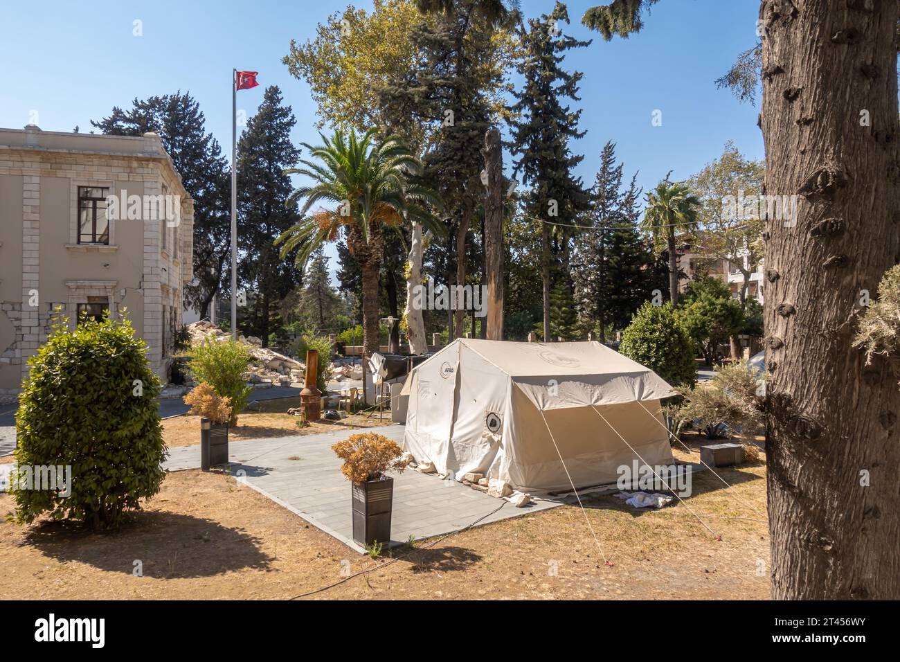 AFAD tent environment in the courtyard in a Turkish city Antakya in ...