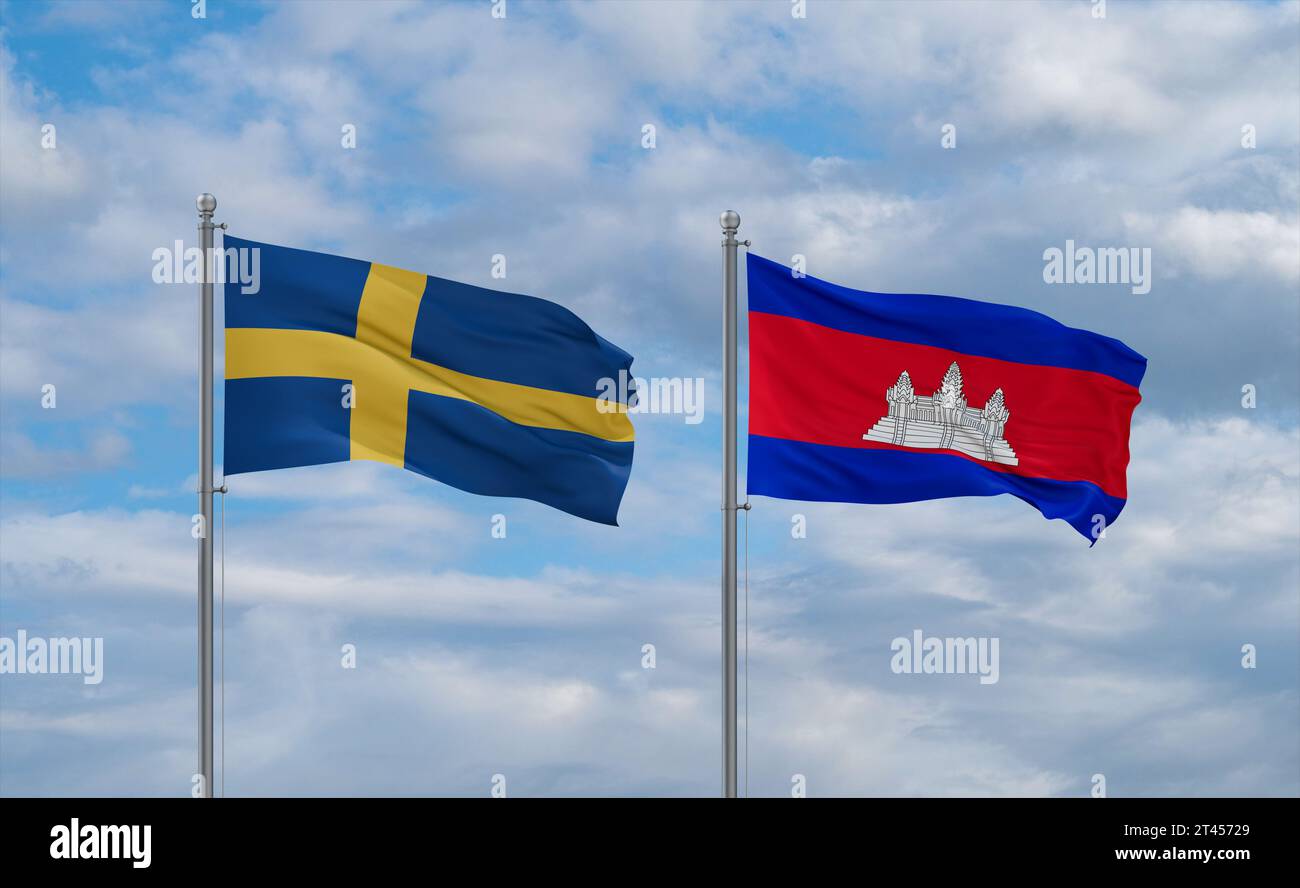 Cambodia and Sweden flags waving together on blue cloudy sky, two country relationship concept ...