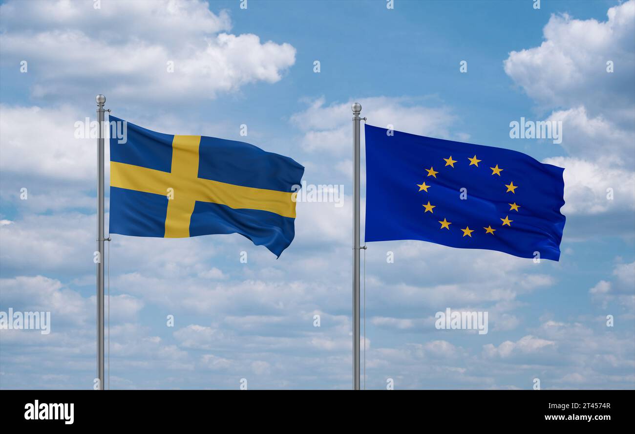 European Union and Sweden flags waving together in the wind on blue ...