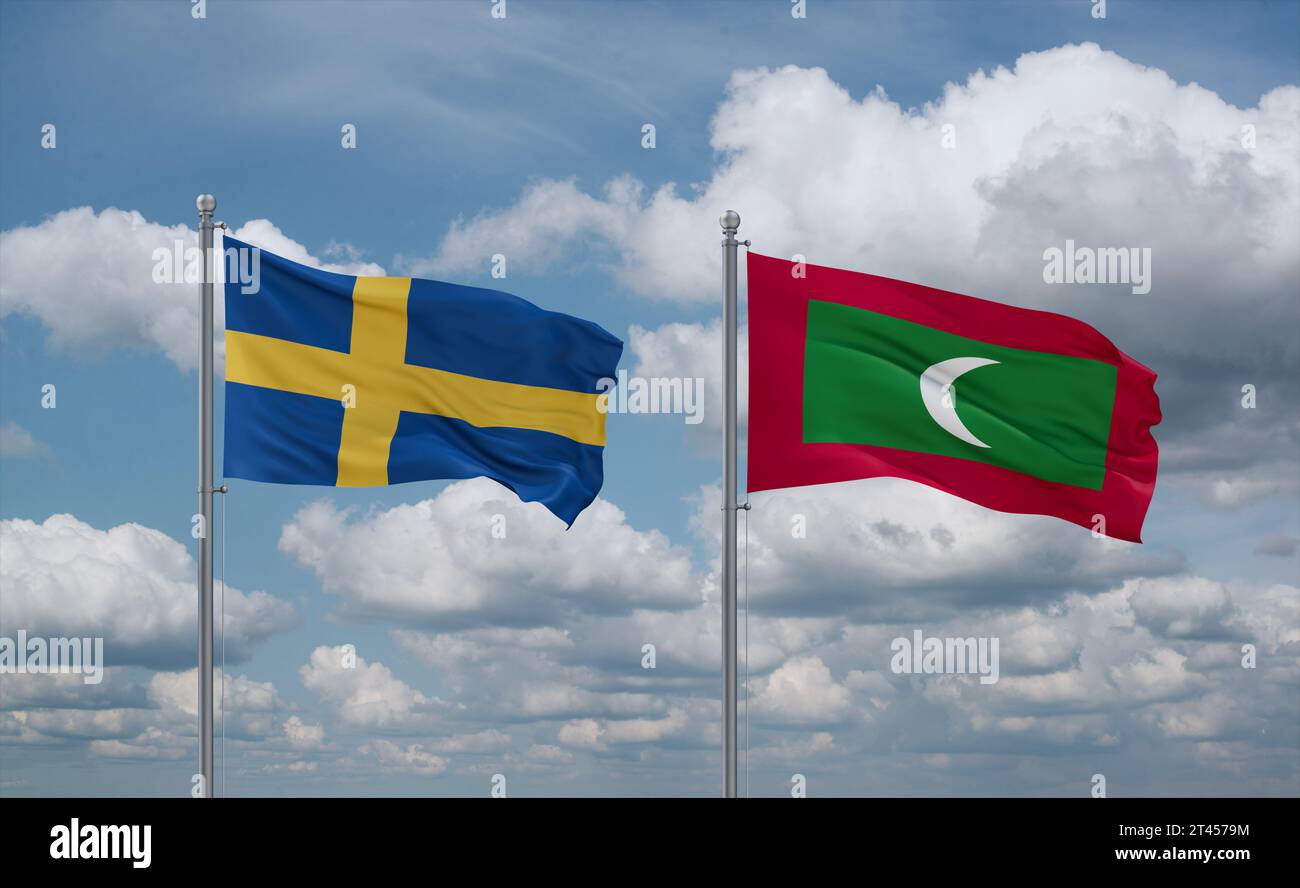 Maldives and Sweden flags waving together on blue cloudy sky, two country relationship concept ...