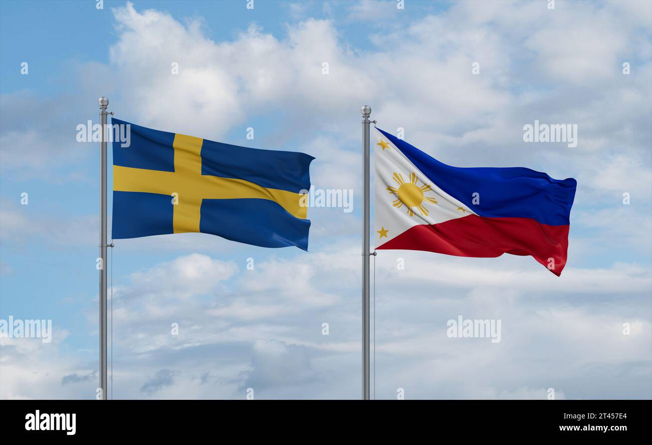 Philippines and Sweden flags waving together in the wind on blue cloudy sky, two country ...