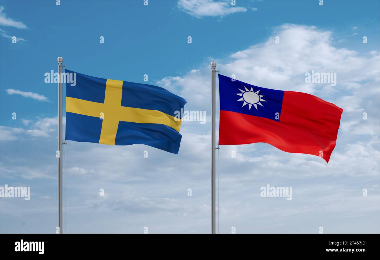 Taiwan and Sweden flags waving together in the wind on blue cloudy sky, two country relationship ...
