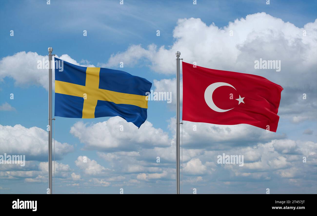 Republic of Turkey and Sweden flags waving together in the wind on blue ...