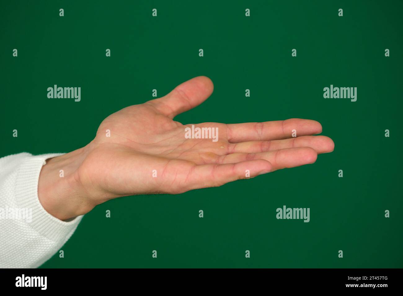 Side view of human hand in reach out one hand gesture isolate on white ...