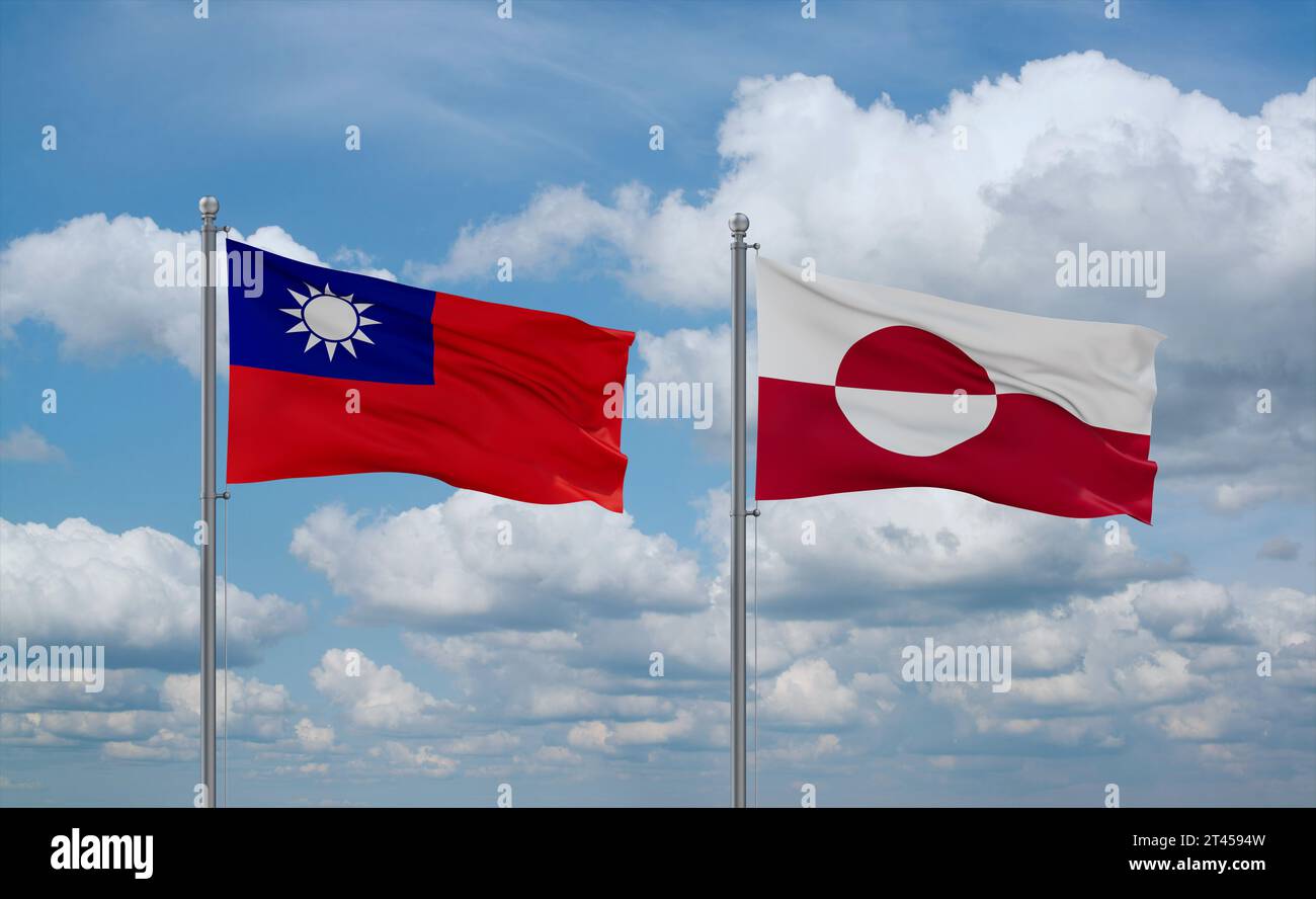 Greenland and Taiwan flags waving together on blue cloudy sky, two country relationship concept ...