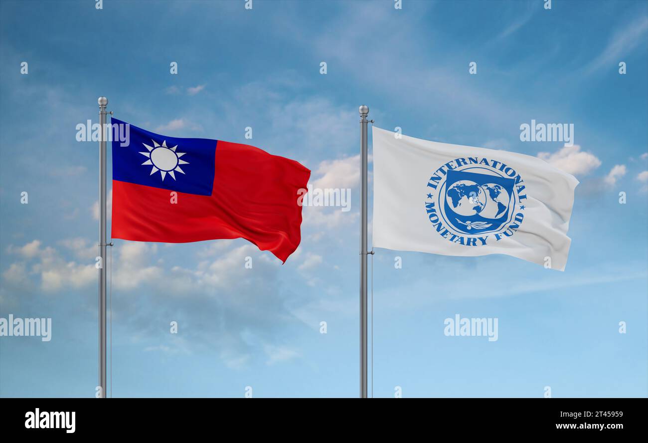 IMF International Monetary Fund and Taiwan flags waving together on ...