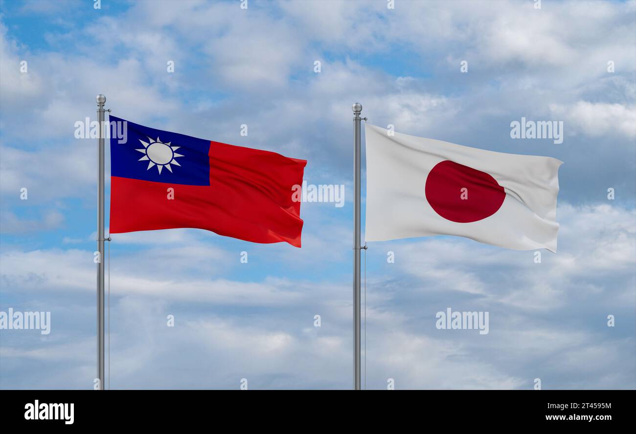 Japan and Taiwan flags waving together on blue cloudy sky, two country ...