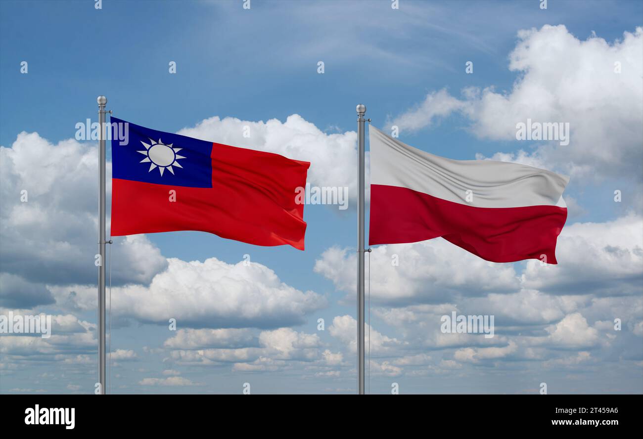Poland and Taiwan flags waving together in the wind on blue cloudy sky ...