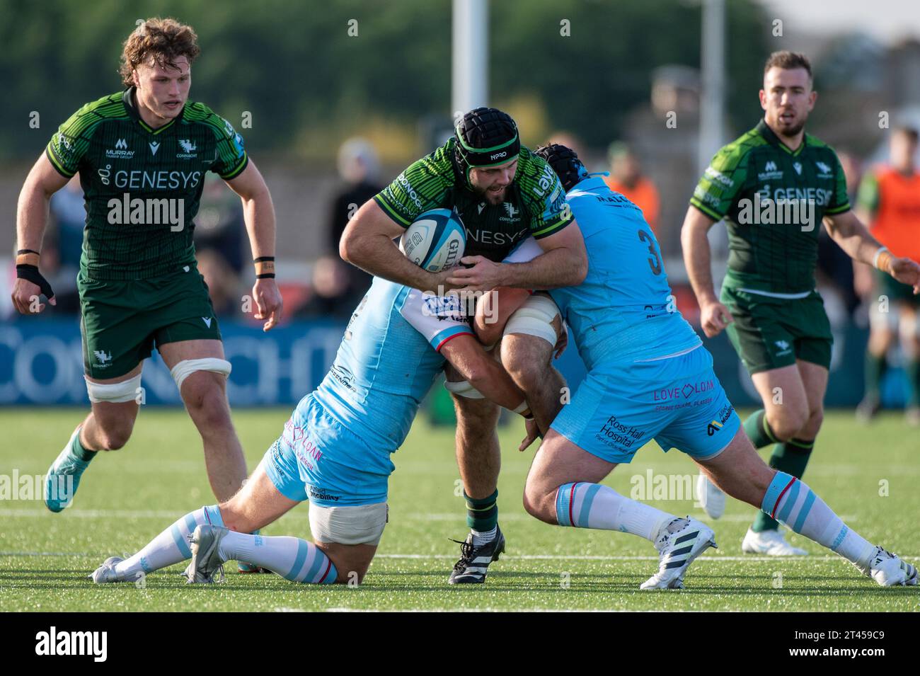 Galway, Ireland. 28th Oct, 2023. Shamus Hurley-Langton of Connacht tackled by Angus Fraser of ...