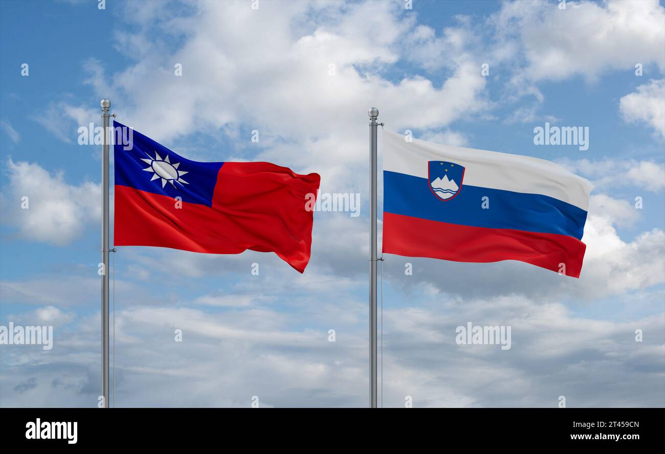 Slovenia and Taiwan flags waving together in the wind on blue cloudy ...
