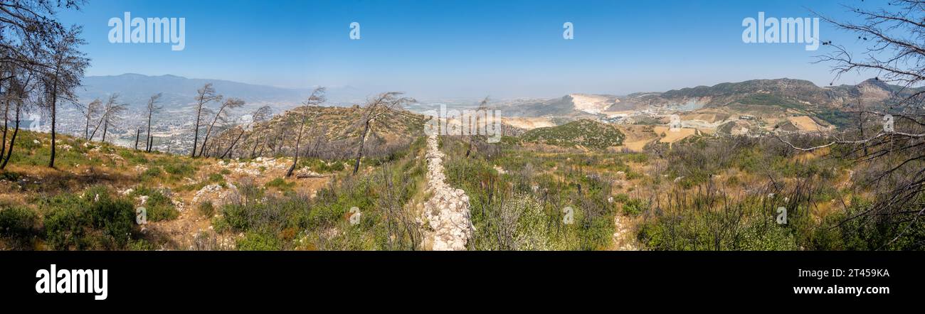 Panoramic view of Nur mountains in Antakya and ruins of Antioch Castle ...