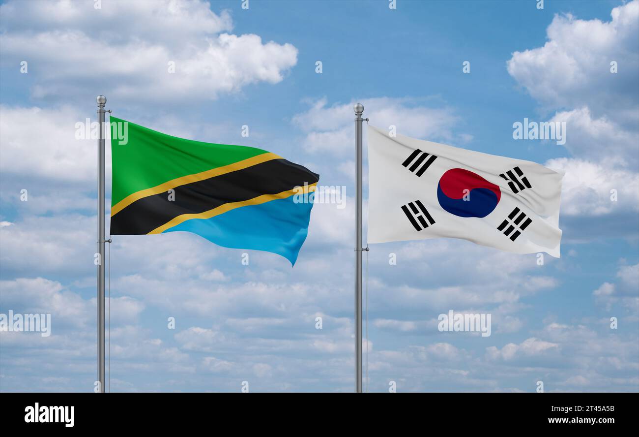 South Korea or Republic of Korea or ROK and Tanzania flags waving ...