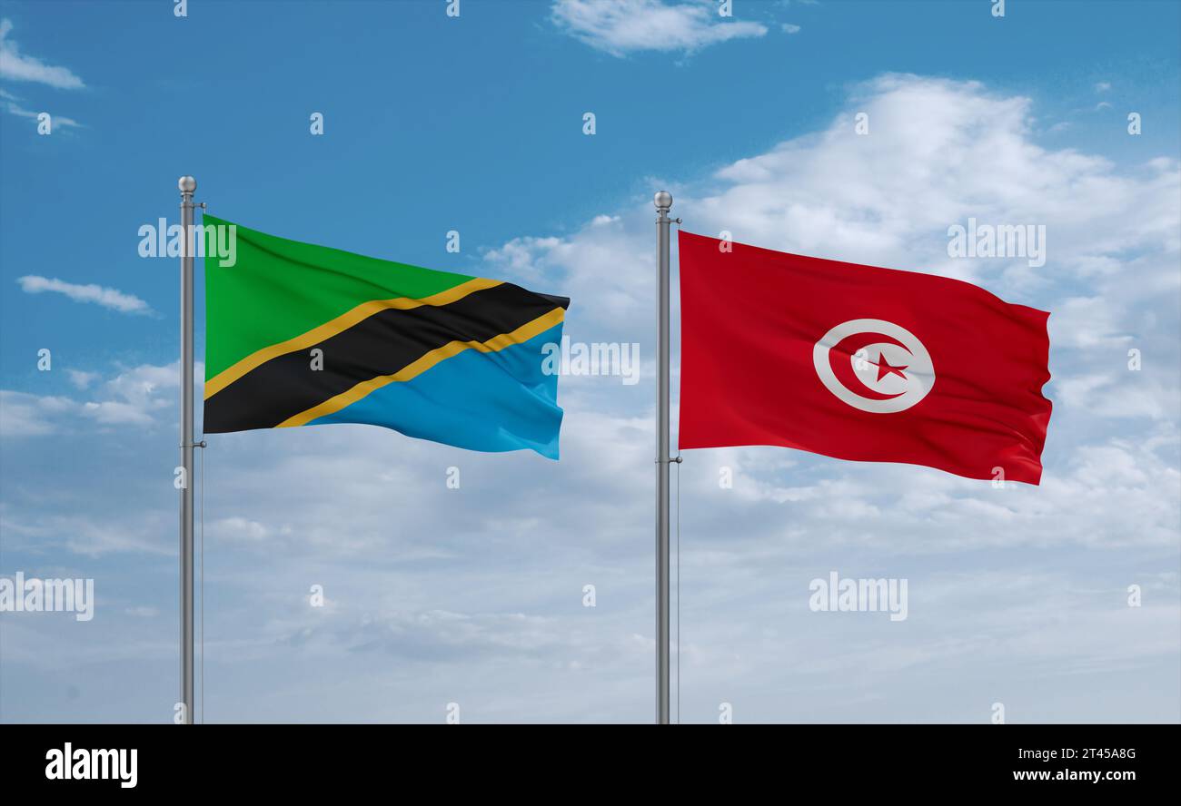 Tunisia and Tanzania flags waving together in the wind on blue cloudy sky, two country ...
