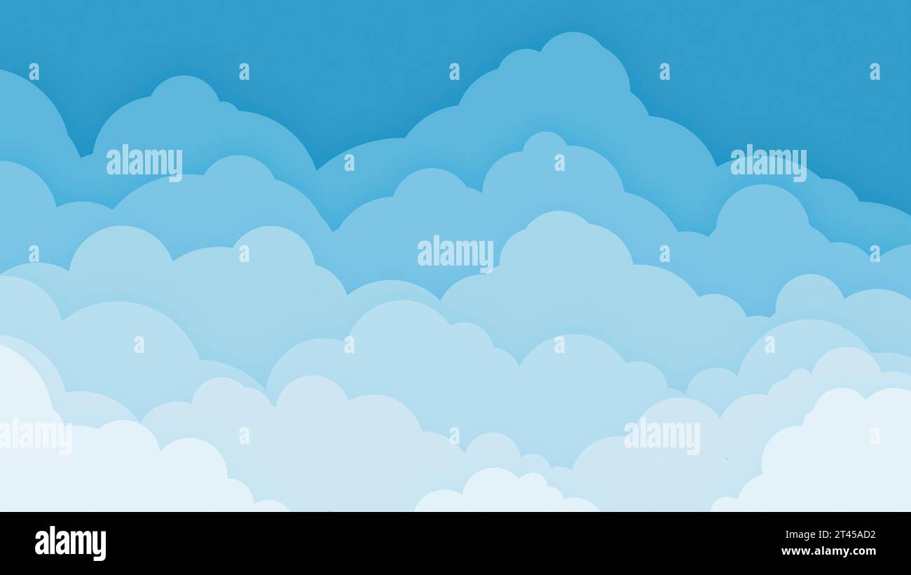 Blue sky with layered flat cartoon style clouds with color gradient to ...