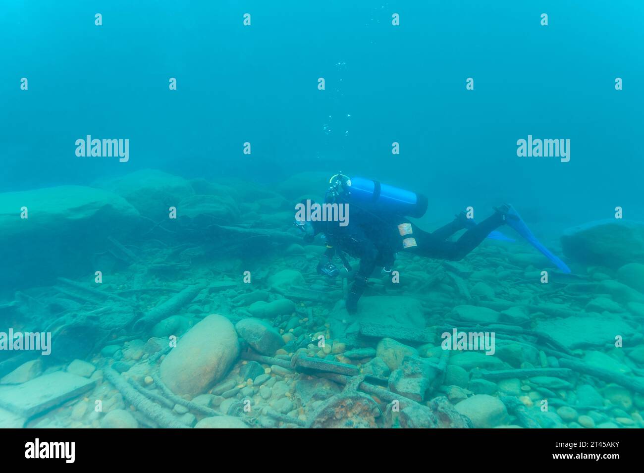 Munising, MI -August 11th, 2023: SCUBA diver exploring shipwreck ...