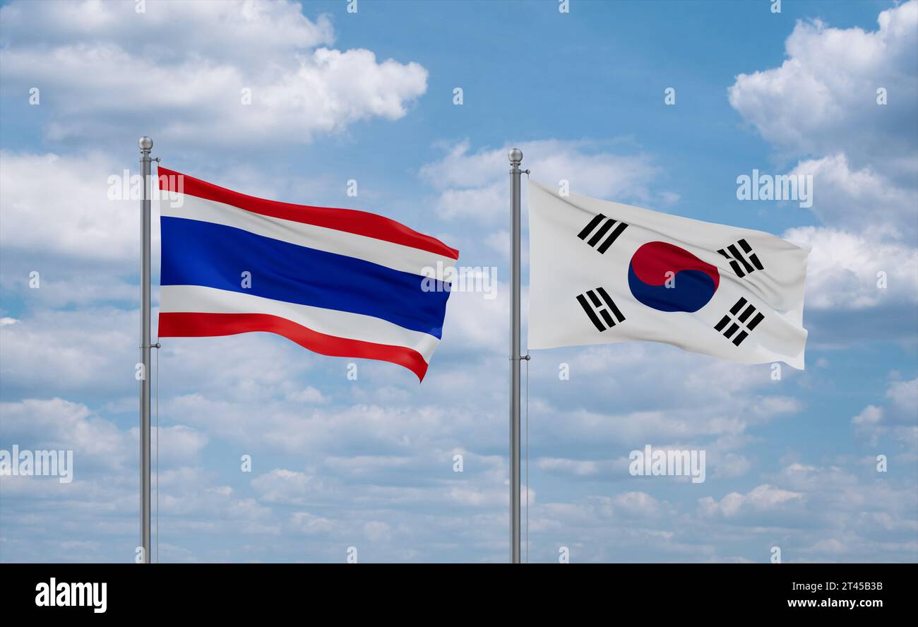 South Korea or Republic of Korea or ROK and Thailand flags waving ...