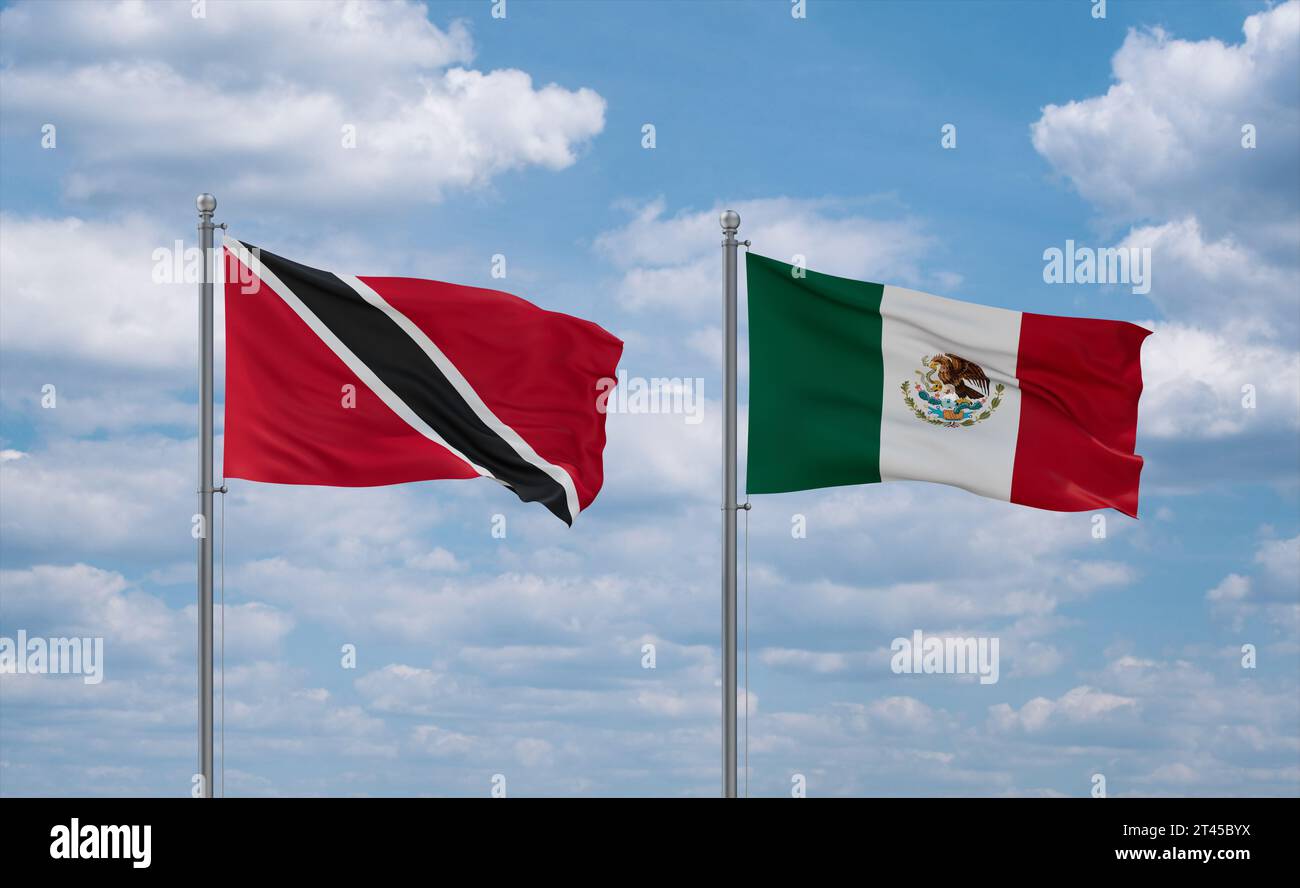 Mexico and Trinidad, Tobago, flags waving together on blue cloudy sky ...